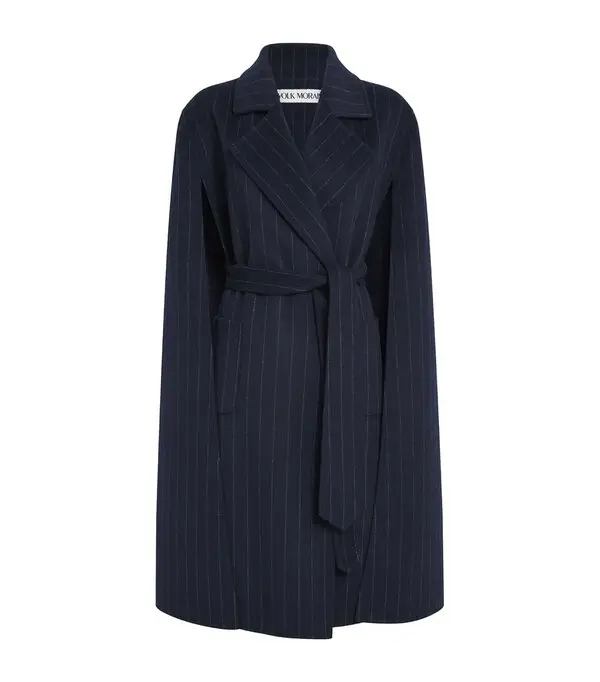 WOLK MORAIS Cashmere Pinstripe Tie-waist Cape Coat - Navy