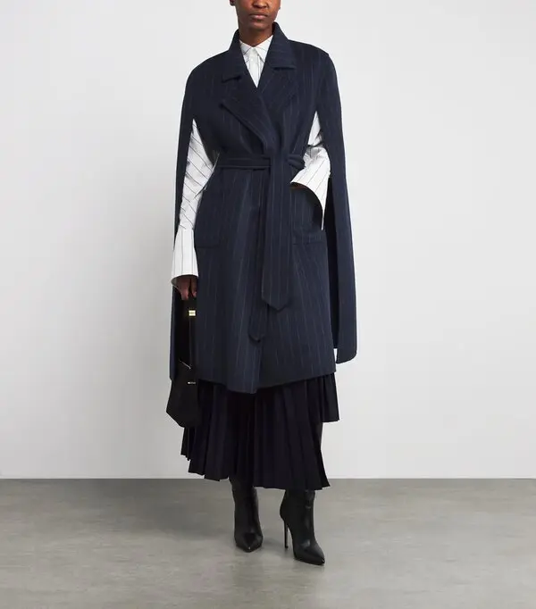 WOLK MORAIS Cashmere Pinstripe Tie-waist Cape Coat - Navy