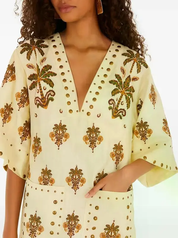 Farm Rio Studded Palm-print Mini Dress
