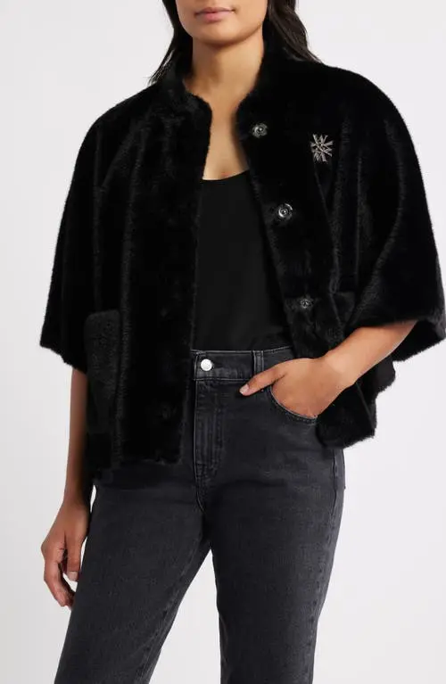 Wit & Wisdom Faux Fur Capelet With Crystal Brooch - Black