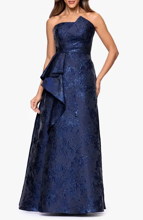 XSCAPE EVENINGS Metallic Brocade Asymmetric Strapless Gown