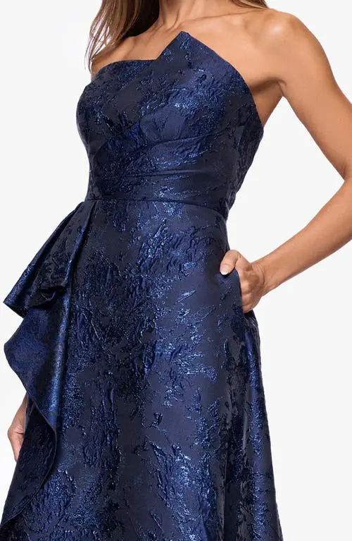 XSCAPE EVENINGS Metallic Brocade Asymmetric Strapless Gown