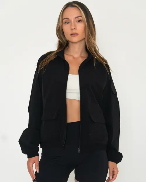 REBODY Cargo Nylon Windbreaker Jacket - Black