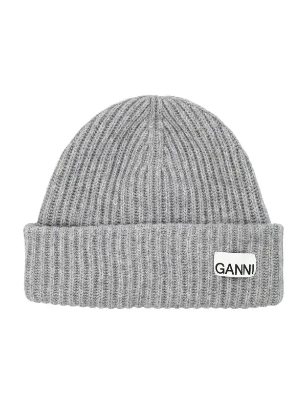 GANNI Ribbed Wool Logo Beanie - Paloma Melange