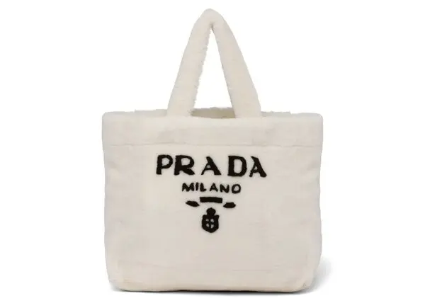 Prada Shearling Tote Bag With Intarsia Logo