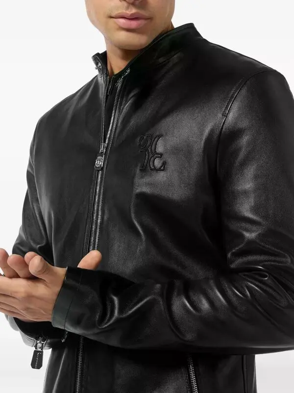 BILLIONAIRE Embroidered Zip-fastening Leather Jacket