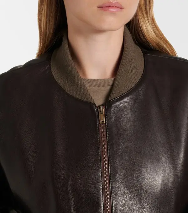 THE ROW Morisel Leather Bomber Jacket - Brown