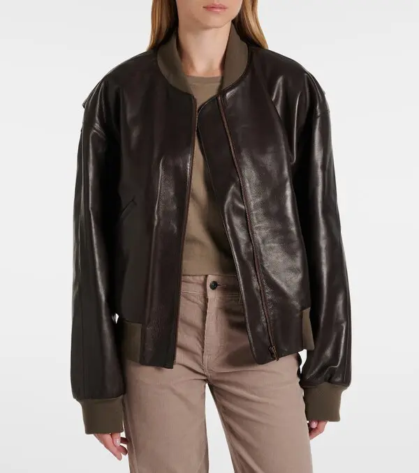 THE ROW Morisel Leather Bomber Jacket - Brown