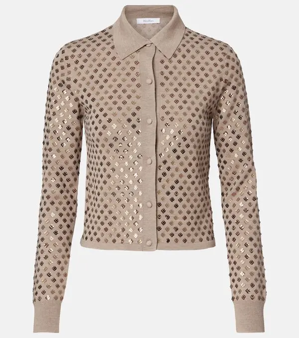 Max Mara Ragno Sequined Virgin Wool Cardigan - Beige