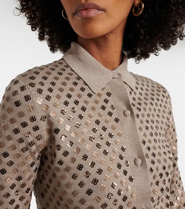 Max Mara Ragno Sequined Virgin Wool Cardigan - Beige