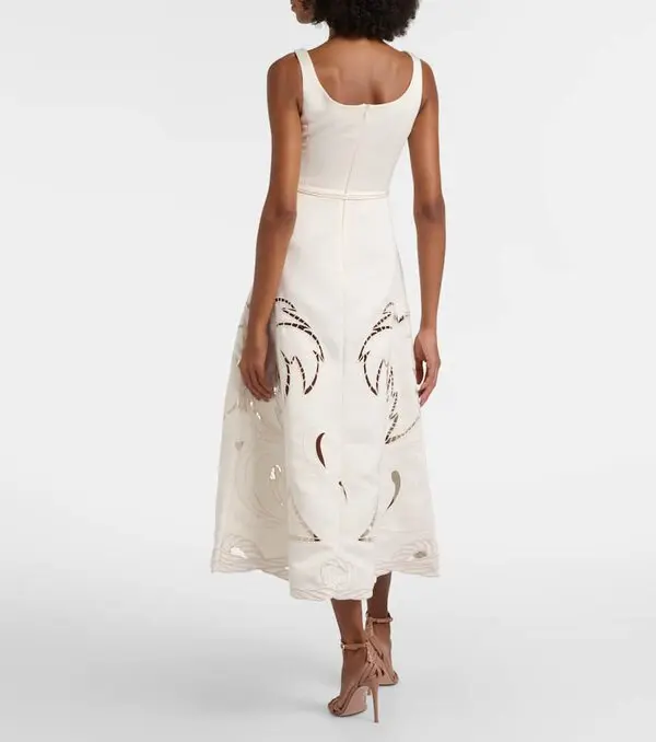 LEO LIN Palm Laser-cut Embroidered Midi Dress - White