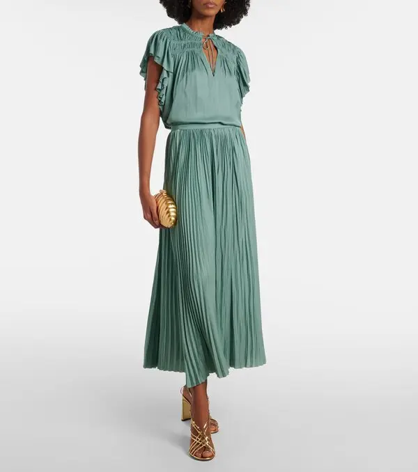 Ulla Johnson Lulu Satin Plissé Maxi Skirt - Blue