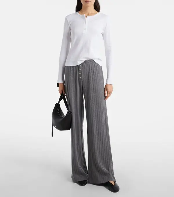 LESET Pointelle Cotton Wide-leg Pants - Grey