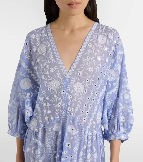 Juliet Dunn Embroidered Cotton Maxi Dress - Blue | Editorialist