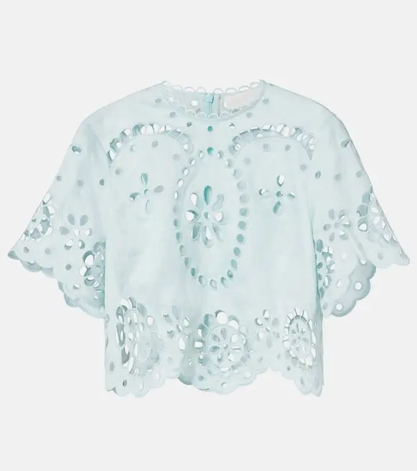 Zimmermann Awaken Embroidered Linen Crop Top - Blue