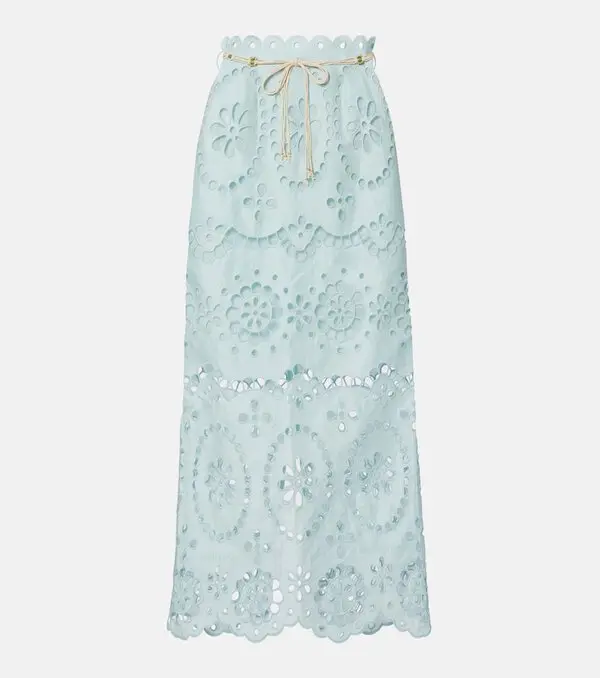 Zimmermann Awaken Embroidered Linen Midi Skirt - Blue