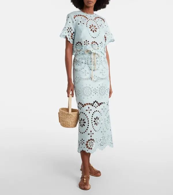 Zimmermann Awaken Embroidered Linen Midi Skirt - Blue