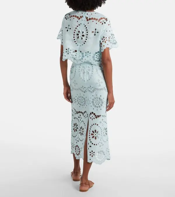 Zimmermann Awaken Embroidered Linen Midi Skirt - Blue