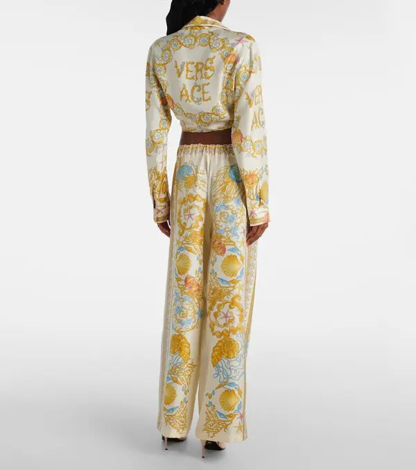 Versace Underwater Barocco Silk Palazzo Pants - Gold