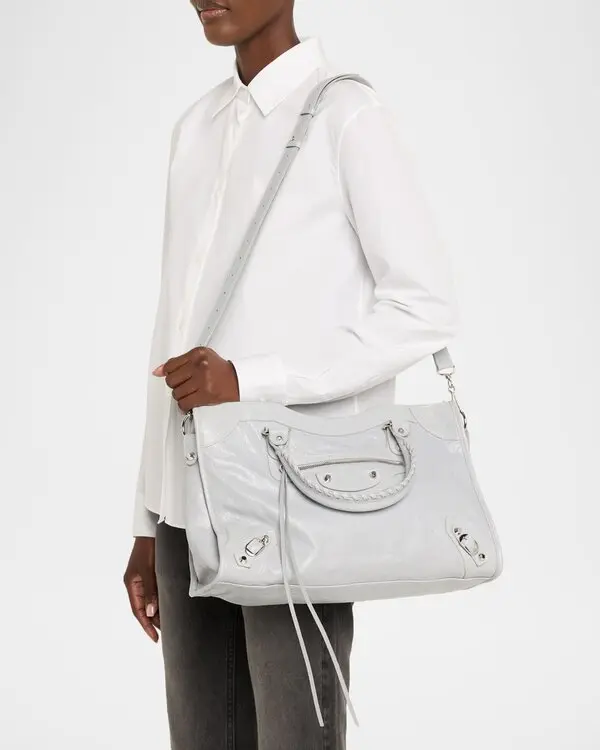 Balenciaga Le City Medium Leather Tote Bag - 1210 Light Grey