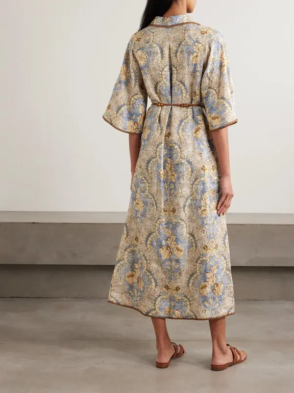 Zimmermann Daylight Belted Printed Linen Midi Dress - Blue