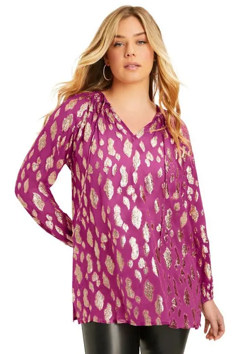 JUNE + VIE Metallic Jacquard Blouse With Tassel Ties - Raspberry