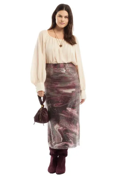JUNE + VIE Sequined Mesh Column Midi Skirt - Marble