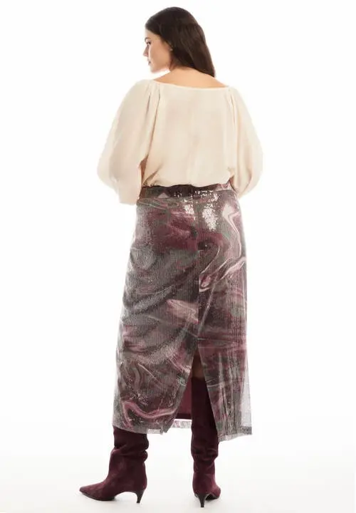 JUNE + VIE Sequined Mesh Column Midi Skirt - Marble