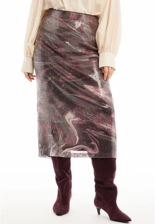 JUNE + VIE Sequined Mesh Column Midi Skirt - Marble
