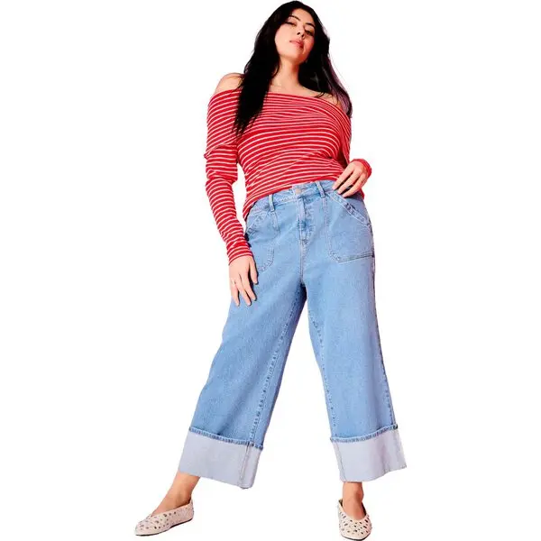 JUNE + VIE Wide-leg Cropped Cuffed Jeans