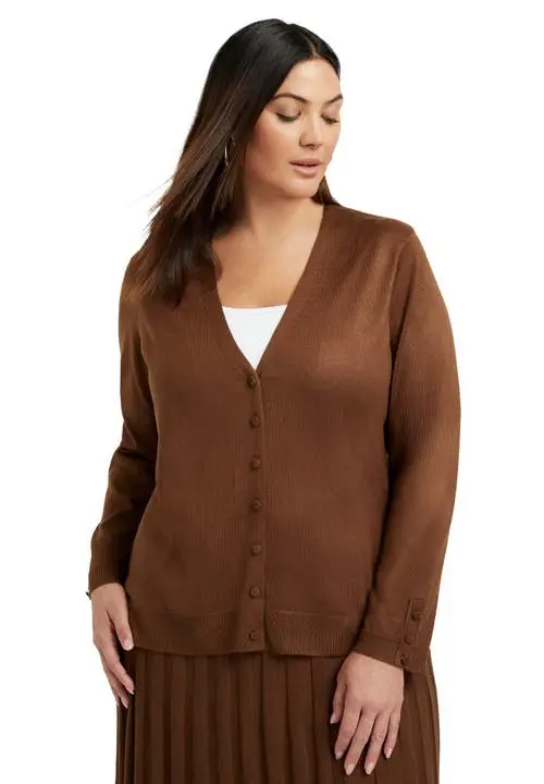 JUNE + VIE V-neck Button-sleeve Cardigan - Cocoa Brown