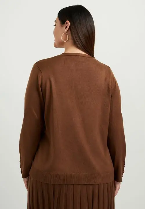 JUNE + VIE V-neck Button-sleeve Cardigan - Cocoa Brown