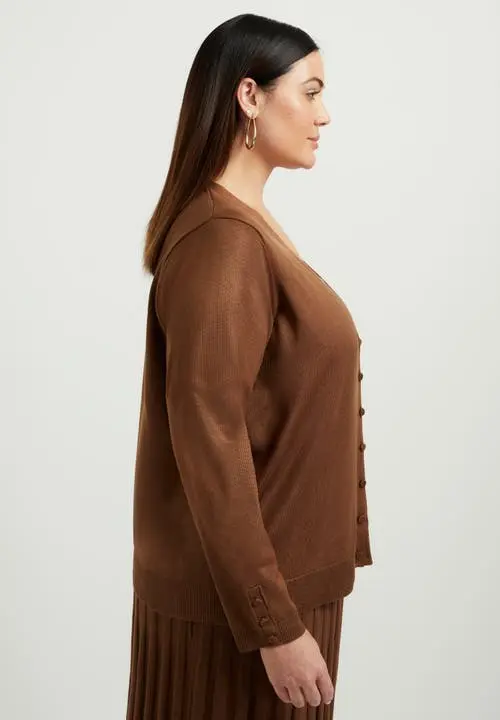 JUNE + VIE V-neck Button-sleeve Cardigan - Cocoa Brown