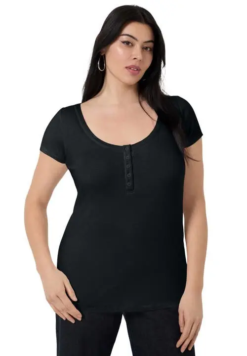 JUNE + VIE Ribbed Henley Top - Black