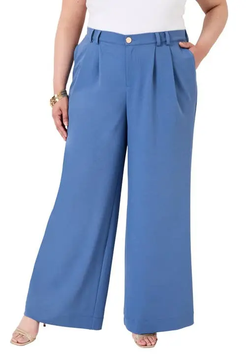 JUNE + VIE Pleated Wide-leg Trousers - Gray Blue