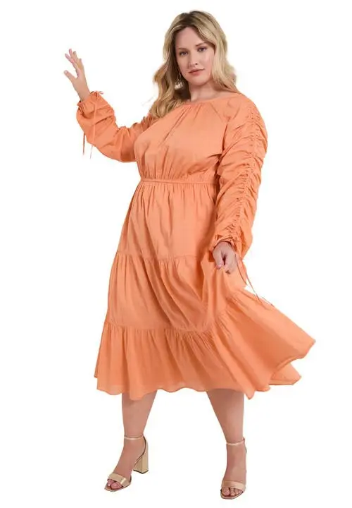 JUNE + VIE Cotton Voile Ruched Midi Dress