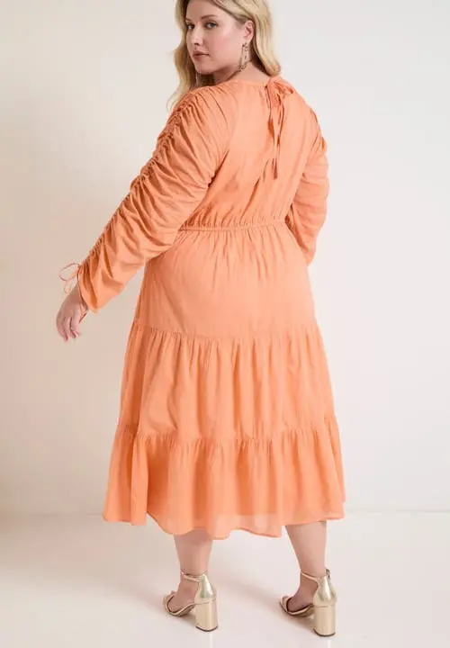 JUNE + VIE Cotton Voile Ruched Midi Dress