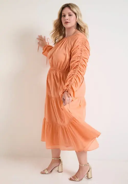 JUNE + VIE Cotton Voile Ruched Midi Dress