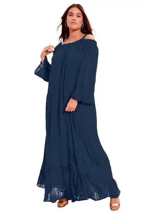 JUNE + VIE Off-the-shoulder Maxi Dress With Lace Insets - Navy