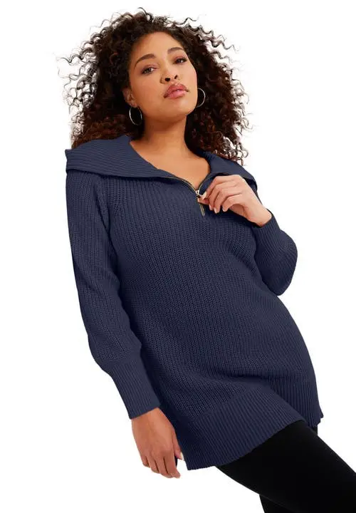 JUNE + VIE Half-zip Fit-and-flare Sweater - Navy