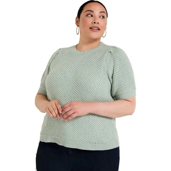 JUNE + VIE Puff-sleeve Knit Crewneck Sweater - Light Jade