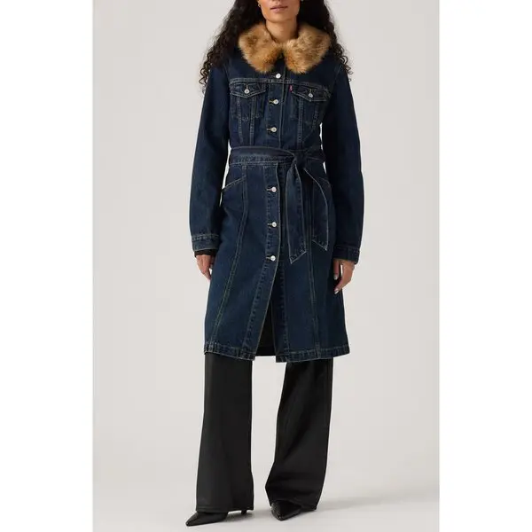 LEVI'S Belted Denim Coat With Faux Fur Collar