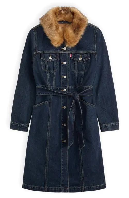 LEVI'S Belted Denim Coat With Faux Fur Collar
