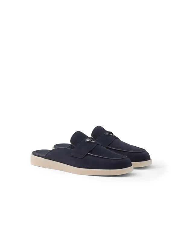 Prada Suede Mules With Enameled Metal Triangle Logo - Blue
