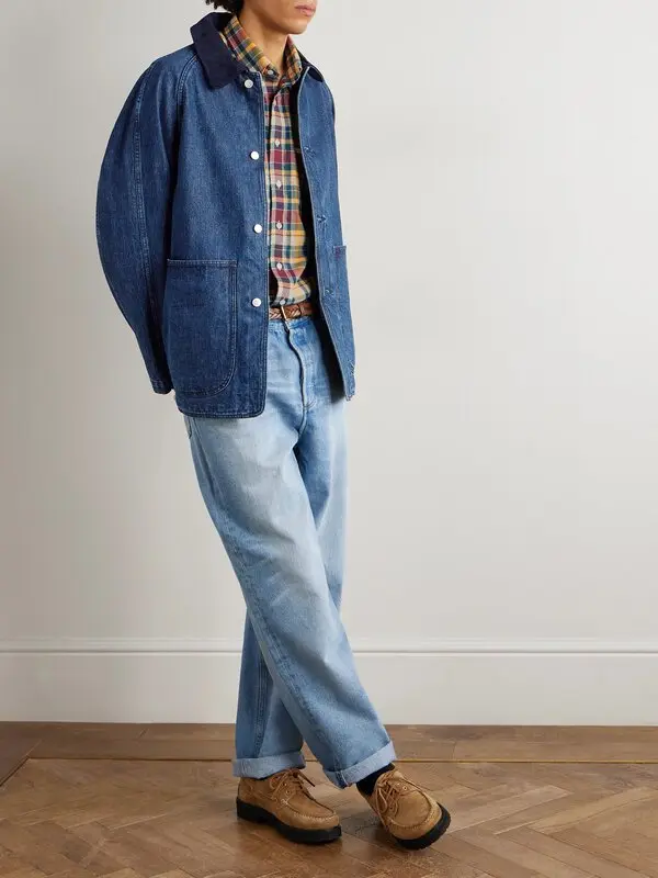 DRAKE'S Corduroy-trimmed Denim Chore Jacket - Blue