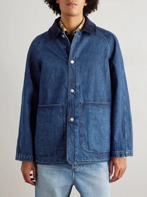 DRAKE'S Corduroy-trimmed Denim Chore Jacket - Blue