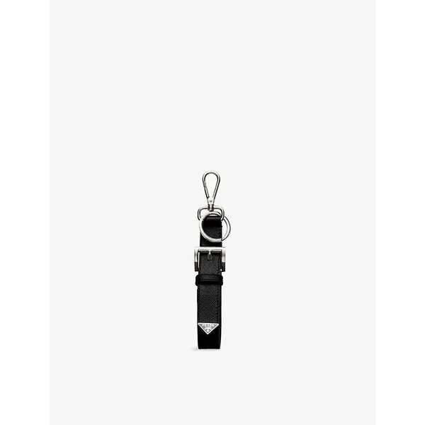Prada Saffiano Leather Keychain With Logo Plaque - Black