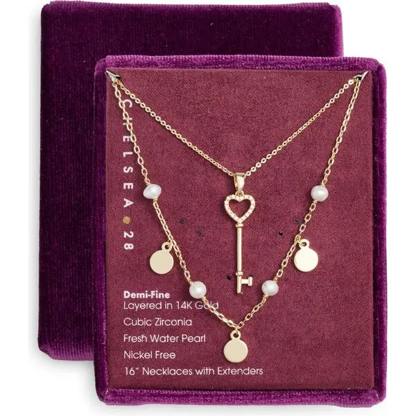 Chelsea28 Demi Fine Freshwater Pearl And Key Pendant Necklace Set - White- Clear- Gold