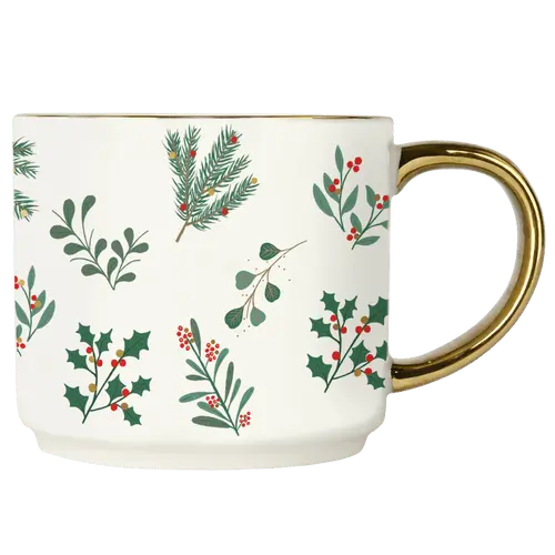 SWEET WATER DECOR Gold Handle Holiday Coffee Mug - Holiday Greenery