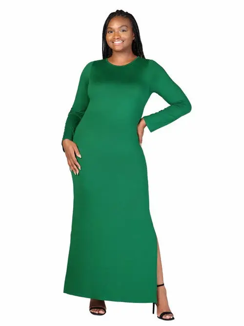 24SEVEN COMFORT APPAREL Long Sleeve Fitted Maxi Dress With Slit - Emerald